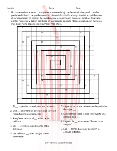 Movie Things and Genres Word Spiral Spanish Worksheet | Teaching Resources
