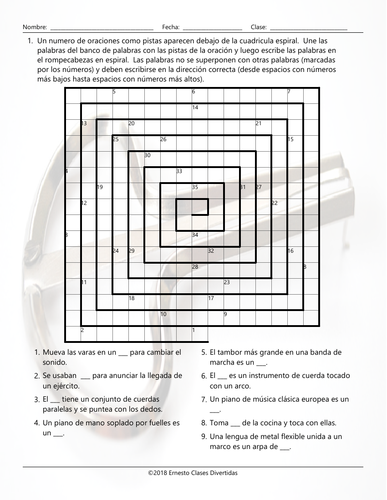 Musical Instruments Word Spiral Spanish Worksheet | Teaching Resources