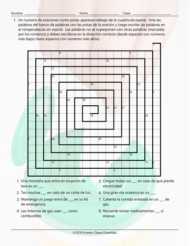 Natural Disasters and Emergencies Word Spiral Spanish Worksheet ...