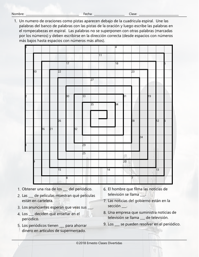 News Media Word Spiral Spanish Worksheet | Teaching Resources