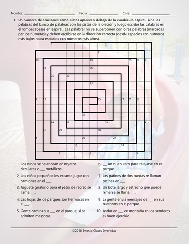 Park Things and Activities Word Spiral Spanish Worksheet | Teaching ...
