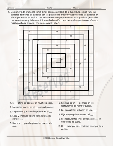 Restaurant Things and Activities Word Spiral Spanish Worksheet ...