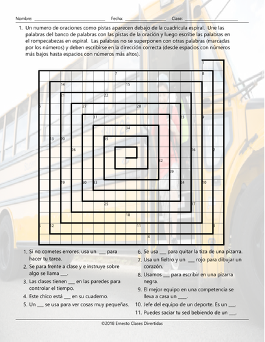 School Items, Places, and Subjects Word Spiral Spanish Worksheet ...