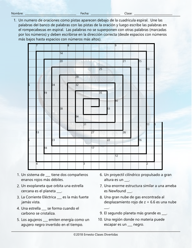 Space and Astronomy Word Spiral Spanish Worksheet | Teaching Resources