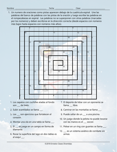 Sports and Exercise Word Spiral Spanish Worksheet | Teaching Resources