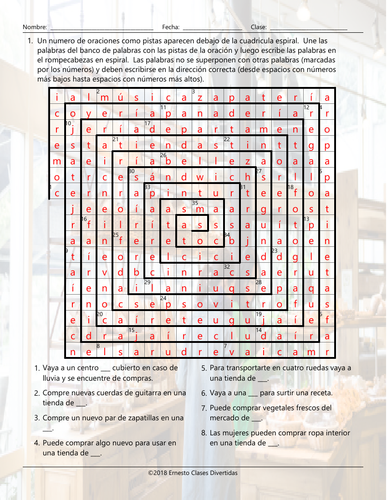 Stores and Shops Word Spiral Spanish Worksheet | Teaching Resources