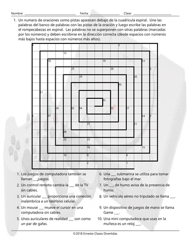 Technology and Gadgets Word Spiral Spanish Worksheet | Teaching Resources