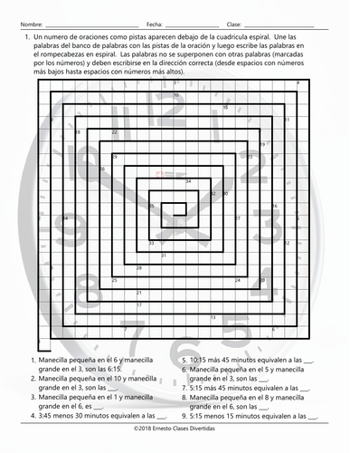 Telling Time Word Spiral Spanish Worksheet | Teaching Resources