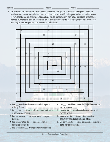 Transportation and Vehicles Word Spiral Spanish Worksheet | Teaching ...