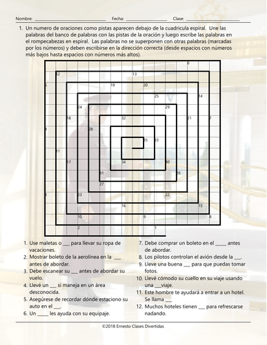 Travel Items and Modes Word Spiral Spanish Worksheet | Teaching Resources