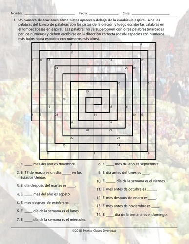 Weekdays, Months, and Dates Word Spiral Spanish Worksheet | Teaching ...