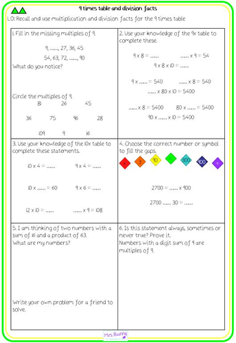 10. Multiplication and Division: 9 times table and division facts ...