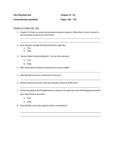 The Chocolate War Reading Activities | Teaching Resources