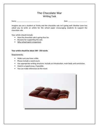 The Chocolate War English Writing Tasks | Teaching Resources