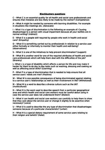 BTEC L3 unit 5 Individual Needs Blockbuster quiz | Teaching Resources