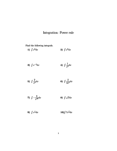 Integration: Power rule worksheet (with solutions) | Teaching Resources