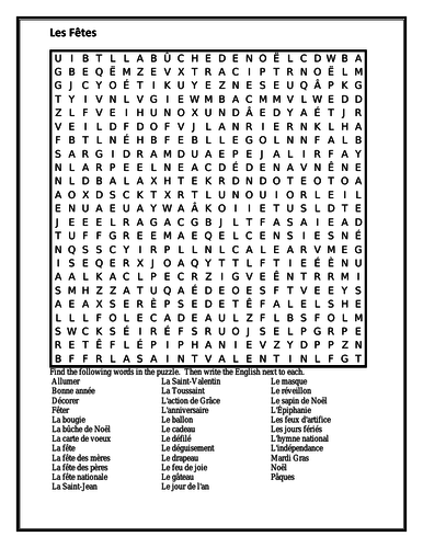 Fêtes (Holidays in French) Wordsearch | Teaching Resources