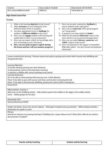 Football Lesson plans plus intervention form. | Teaching Resources