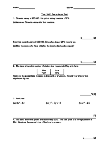 IGCSE Percentages Test | Teaching Resources IGCSE Percentages Test | Teaching Resources