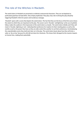 GCSE Grade 9 Essay: 'The role of the Witches in Macbeth.' | Teaching ...