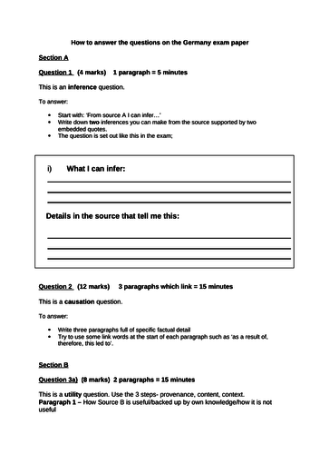 Edexcel 9-1 Weimar and Nazi Germany- Exam paper structure sheet ...