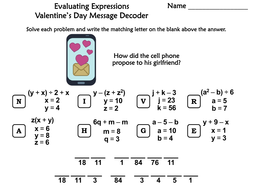 Evaluating Algebraic Expressions Valentine's Day Math Activity: Message ...