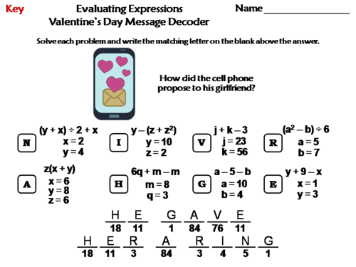 Evaluating Algebraic Expressions Valentine's Day Math Activity: Message ...