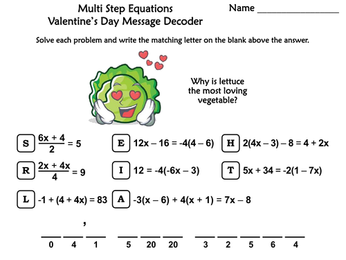 Solving Multi Step Equations Valentine's Day Math Activity: Message ...