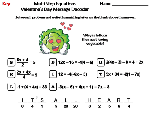 Solving Multi Step Equations Valentine's Day Math Activity: Message ...
