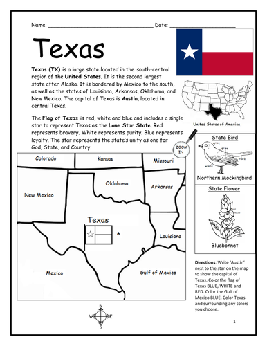 TEXAS - Introductory Geography Worksheet | Teaching Resources