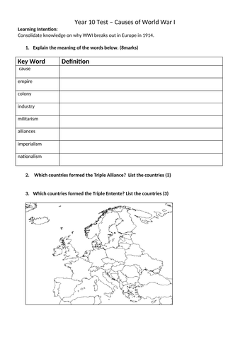 Test on Causes of World War One | Teaching Resources