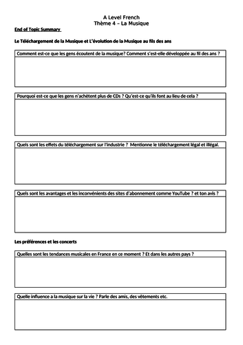 AQA A Level French U4 La Musique - Topic Summary | Teaching Resources
