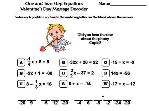 Solving One and Two Step Equations Valentine's Day Math Activity ...