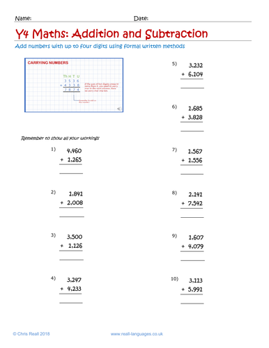 Addition of up to 4-digit numbers. Y4 worksheets. | Teaching Resources