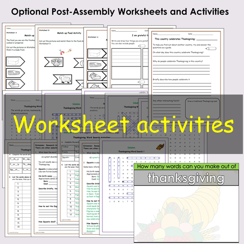 Thanksgiving Assembly and Presentation Lesson, Worksheets and Cut/Paste ...