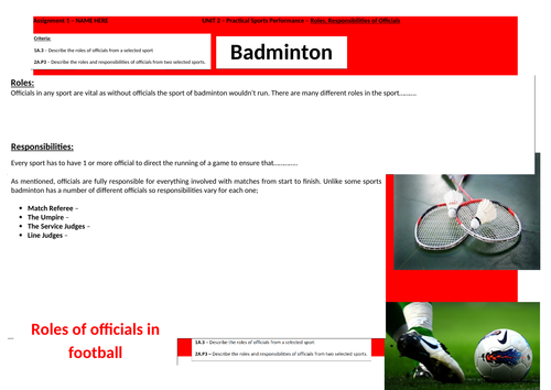 PE BTEC Level 2, Unit 2 2A.P3 Example Document | Teaching Resources