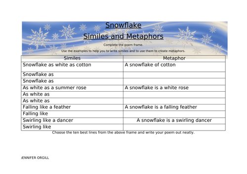 SNOWFLAKE - frrame for similes and metaphor poem | Teaching Resources