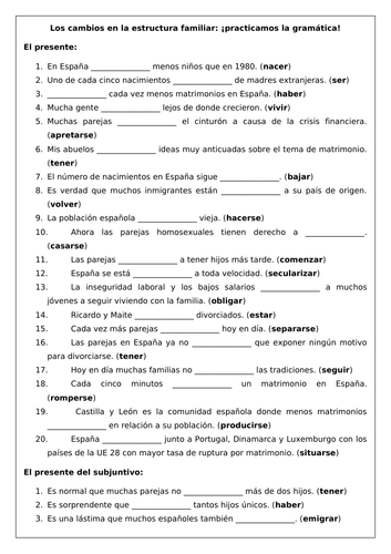 Spanish A level la familia: verb & grammar practice on the topic of ...