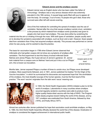 Discovery of Vaccination Edward Jenner - reading comprehension ...