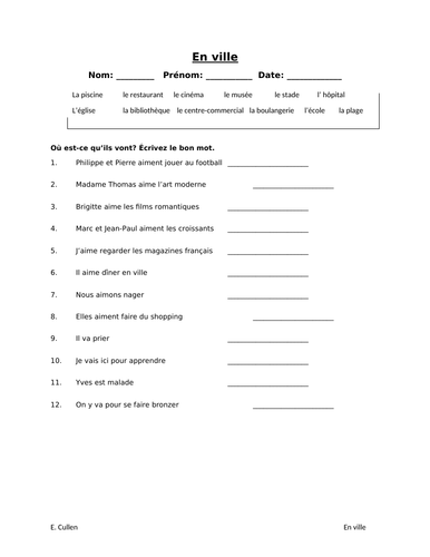 En ville workshets for junior students | Teaching Resources