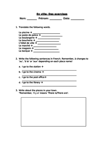 En ville workshets for junior students | Teaching Resources