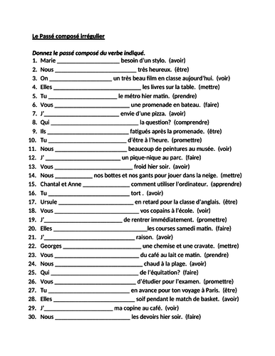 Passé Composé French Irregular Verbs Worksheet 1 | Teaching Resources