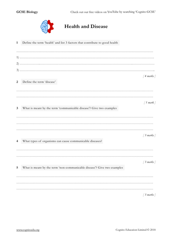 GCSE Biology (9-1) - Health and Disease - Worksheet & Answers ...