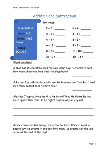 Y1 Maths - Addition and Subtraction | Teaching Resources
