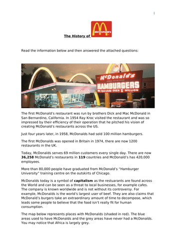 The History of McDonalds Discussion and Comprehension. | Teaching Resources