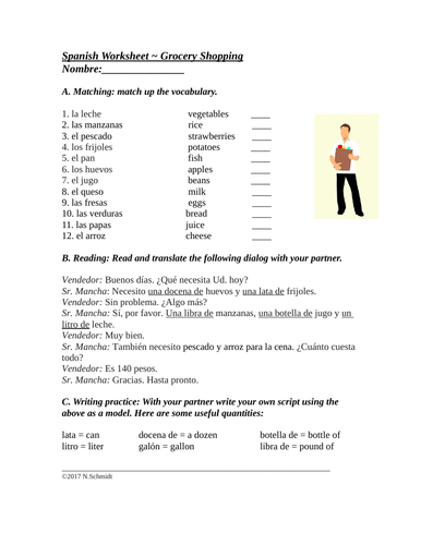 Comida y el supermercado - Grocery Shopping Spanish Worksheet (SUB PLAN ...