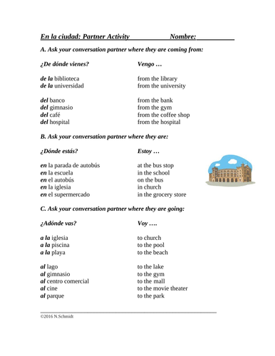 Around Town Spanish Partner Activity: En la ciudad - De, En, A (SUB ...