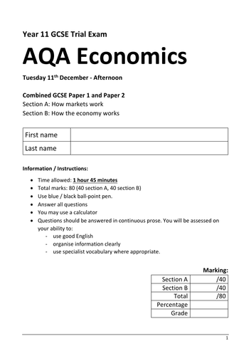 GCSE Economics AQA 9-1 - Mock Exam Paper (Paper 1 and 2 Combined ...
