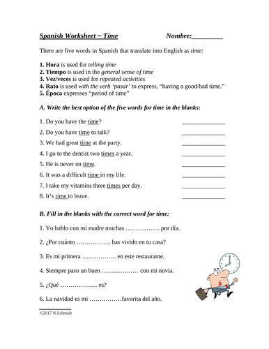 Time in Spanish Worksheet: La Hora, Tiempo, Vez, Rato vs. Época ...