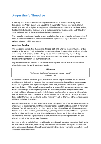 Augustine Theodicy Problem of Evil Double Lesson WJEC EDUCAS | Teaching ...
